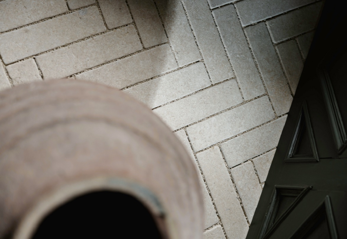 hebron cream courtyard herringbone limestone setts from Beswick Stone